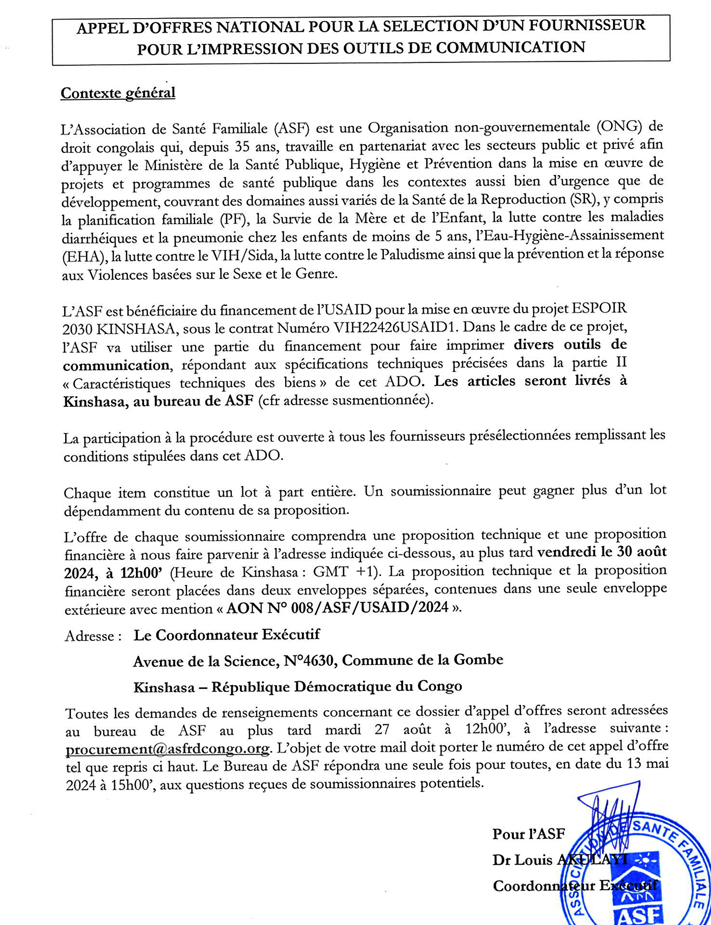 mediacongo.net - Offre d'emploi - Fournisseur pour Impression de divers ...