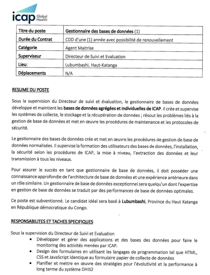 mediacongo.net - Offre d'emploi - Gestionnaire des bases de données