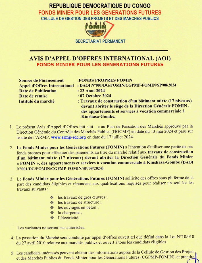 mediacongo.net - Offre d'emploi - Travaux de construction d'un bâtiment ...