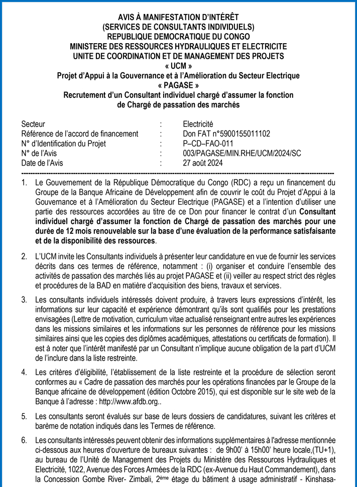 mediacongo.net - Offre d'emploi - Consultant individuel chargé d’assumer la fonction de Chargé ...