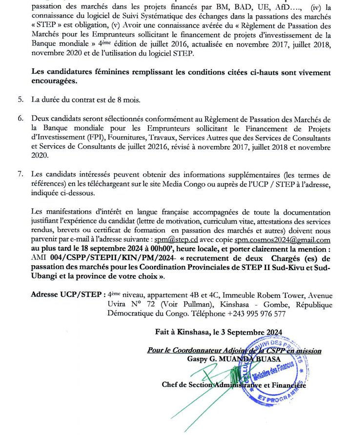 mediacongo.net - Offre d'emploi - Chargés de passations des marchés