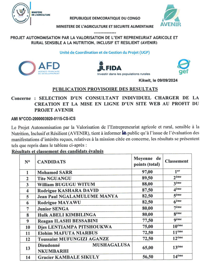 mediacongo.net - Offre d'emploi - Résultat provisoire : Consultant individuel chargé de la ...