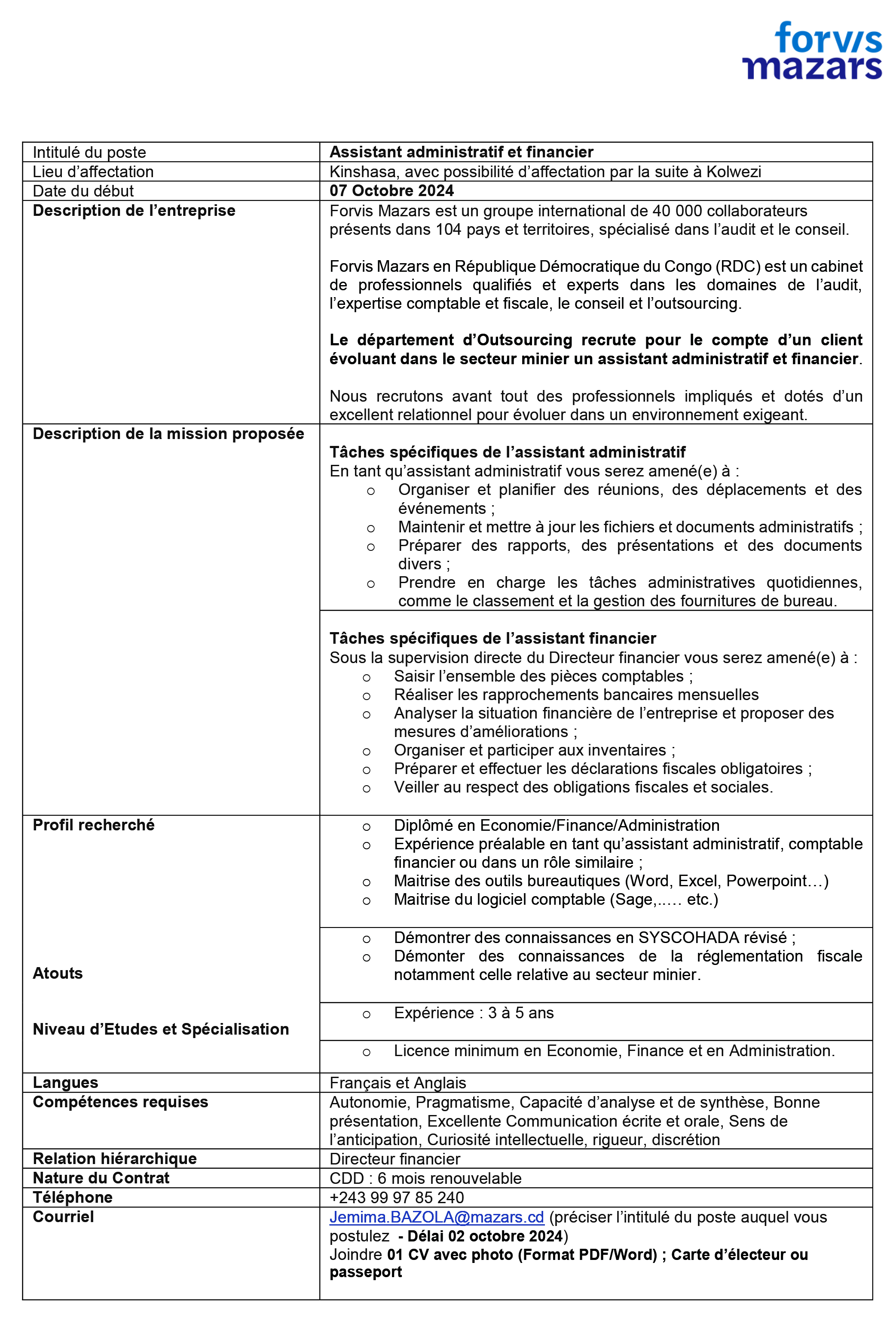 mediacongo.net - Offre d'emploi - Assistant administratif et financier