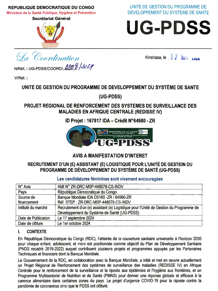 mediacongo.net - Offre d'emploi - Assistant(e) Logistique pour l'UG-PDSS