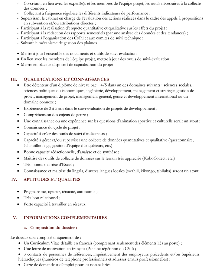 mediacongo.net - Offre d'emploi - Chargé (e) de suivi-évaluation : Sport et Culture