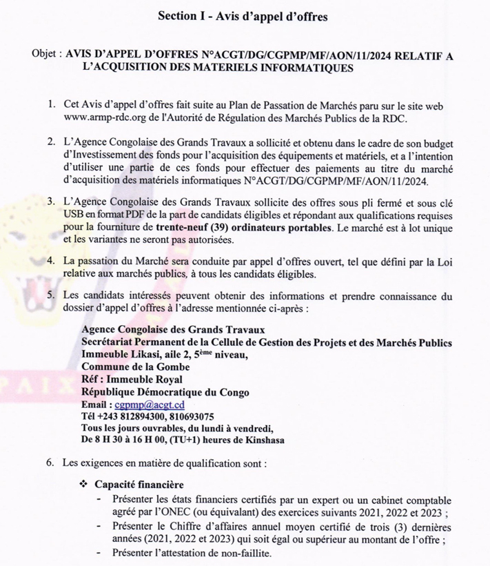 mediacongo.net - Offre d'emploi - Acquisition des matériels informatiques