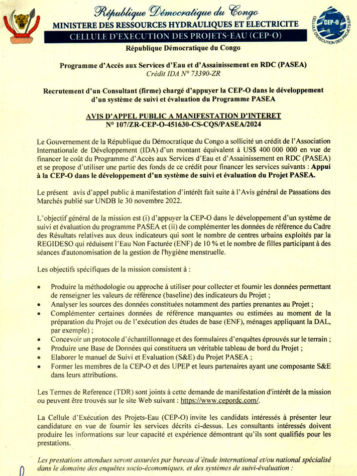 mediacongo.net - Offre d'emploi - Consultant (firme) chargé d'appuyer la CEP-O dans le ...