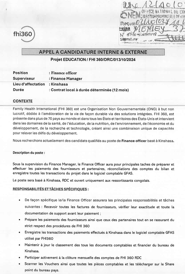mediacongo.net - Offre d'emploi - Finance officer
