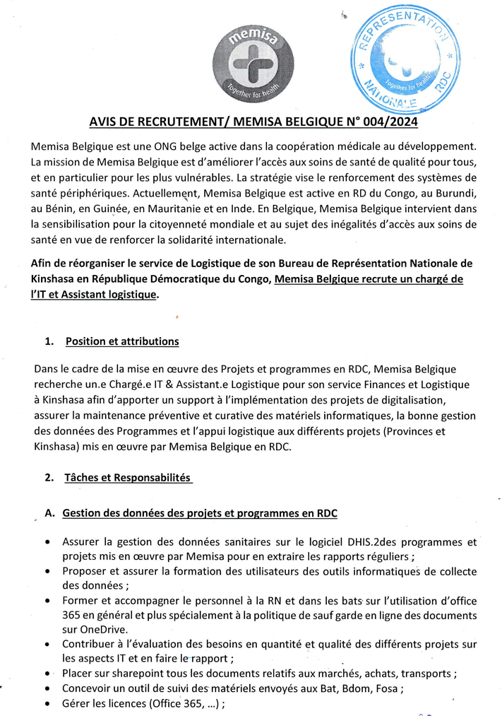mediacongo.net - Offre d'emploi - Chargé de l'IT et Assistant logistique