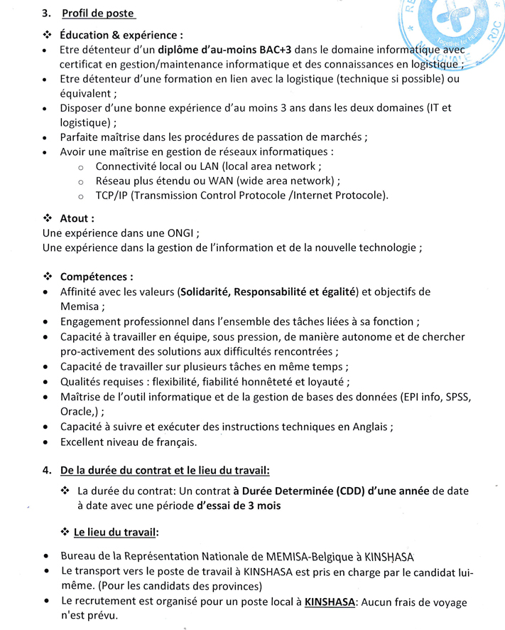 mediacongo.net - Offre d'emploi - Chargé de l'IT et Assistant logistique