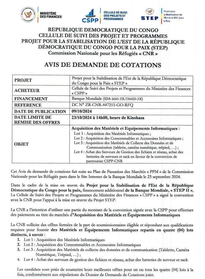 mediacongo.net - Offre d'emploi - Acquisition des Matériels et Equipements Informatiques