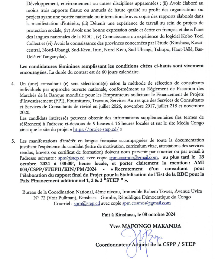 mediacongo.net - Offre d'emploi - Consultant(e) chargé(e) d'élaborer le rapport final du Projet ...
