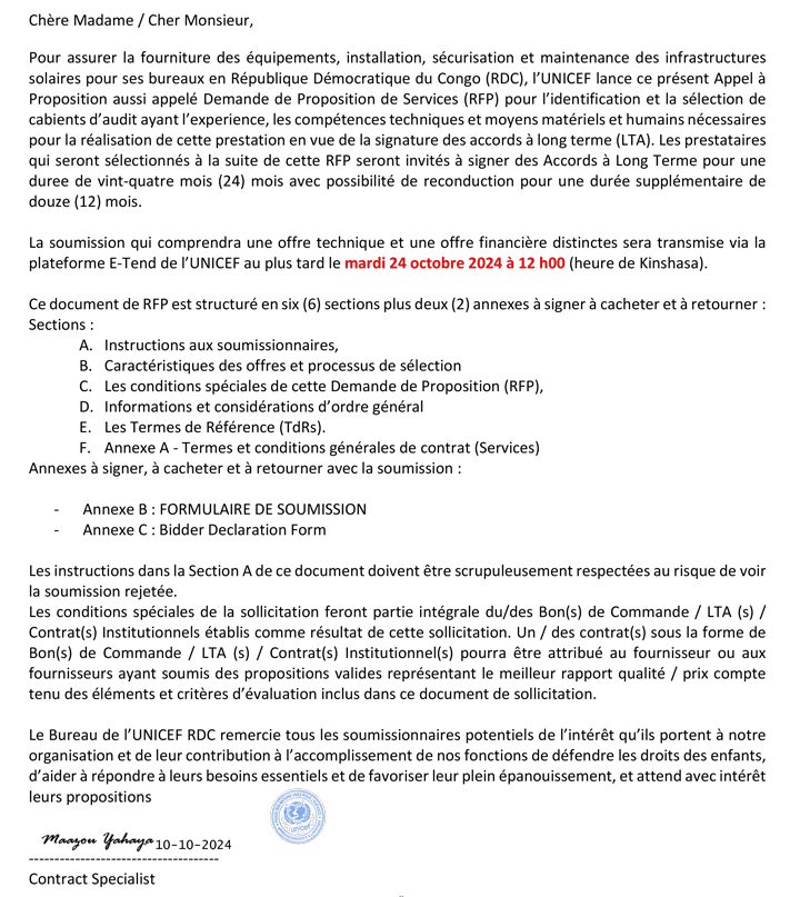 mediacongo.net - Offre d'emploi - Accord (s) à Long Terme pour la ...