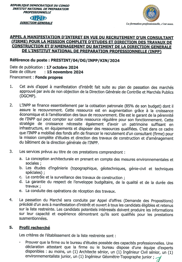 mediacongo.net - Offre d'emploi - Consultant (firme) pour la mission complète d'études et ...