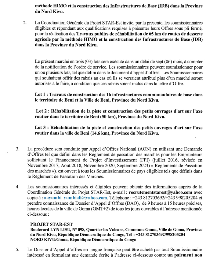 mediacongo.net - Offre d'emploi - Travaux publics de réhabilitation de ...