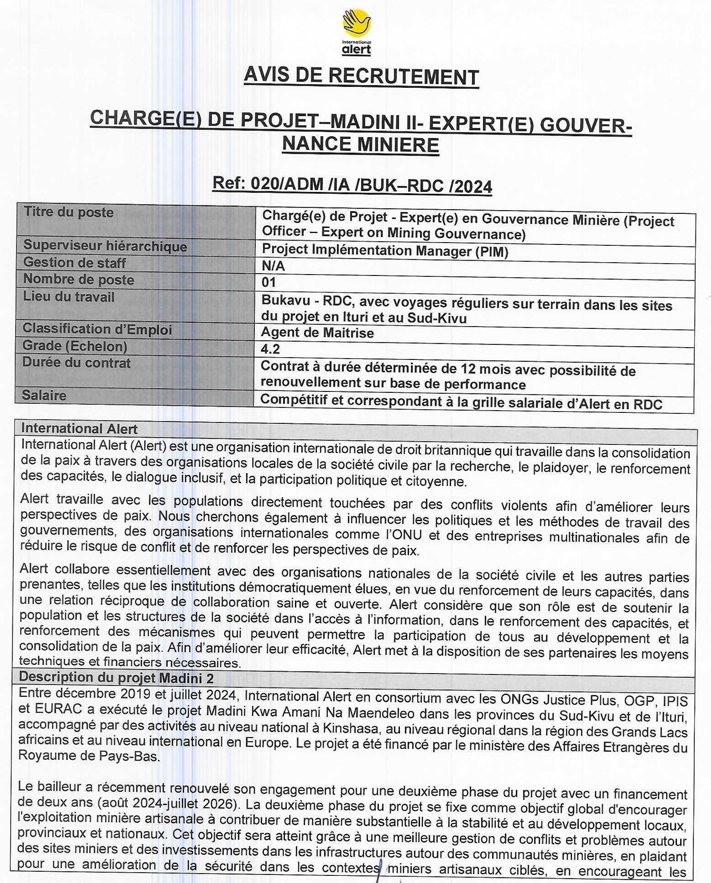 mediacongo.net - Offre d'emploi - Chargé(e) de Projet - Expert(e) en Gouvernement Minière