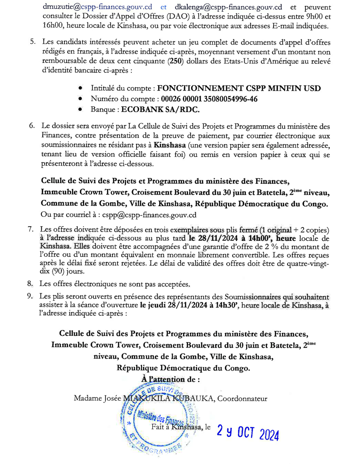 mediacongo.net - Offre d'emploi - Acquisition des équipements informatiques en faveur des ...