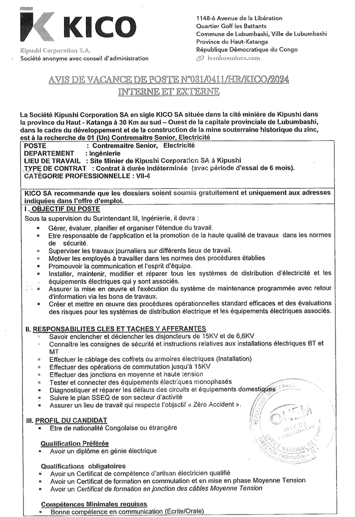 mediacongo.net - Offre d'emploi - Contremaitre Senior, Electricité