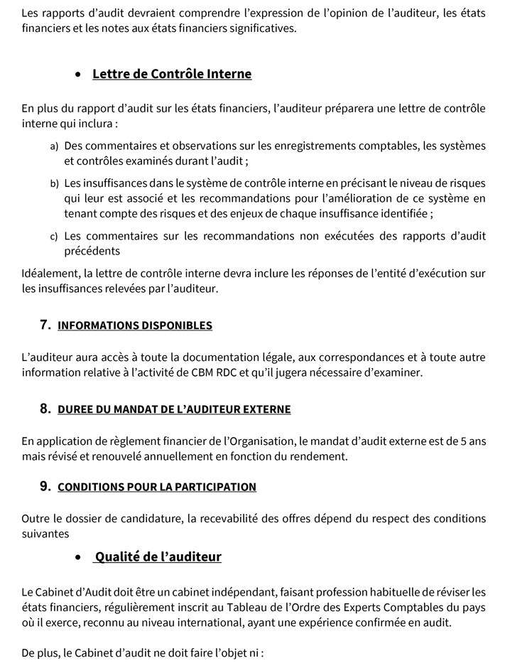 mediacongo.net - Offre d'emploi - Audit financier de CBM RDC 2023 et 2024