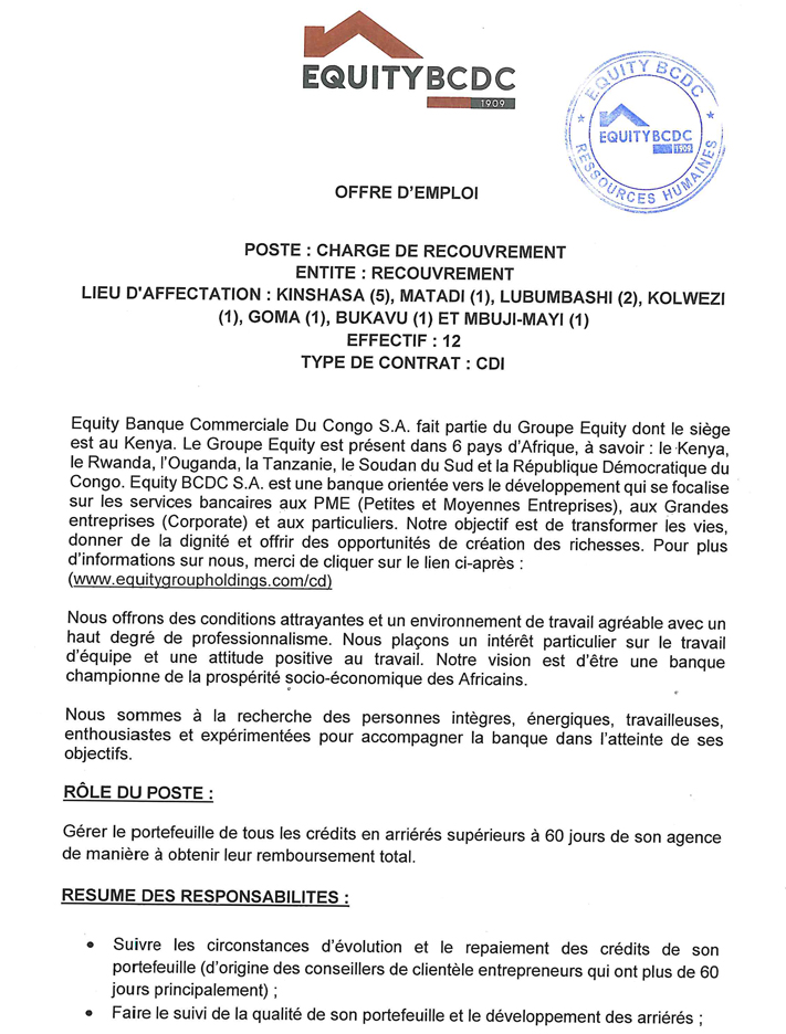 mediacongo.net - Offre d'emploi - Chargé de Recouvrement