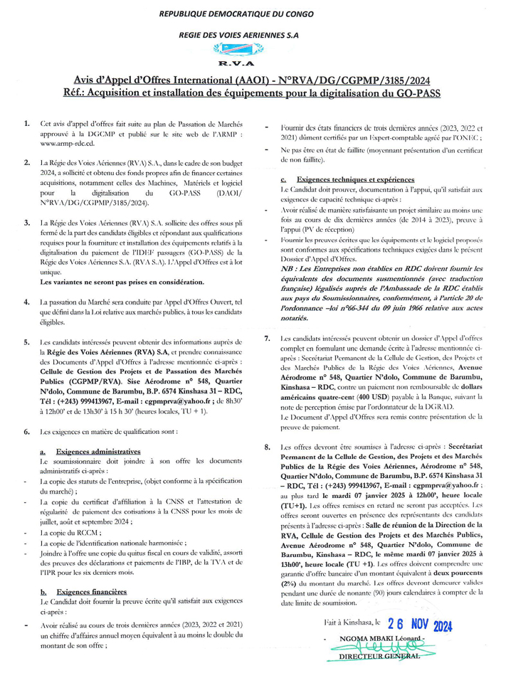 mediacongo.net - Offre d'emploi - Acquisition et Installation des équipements pour la ...