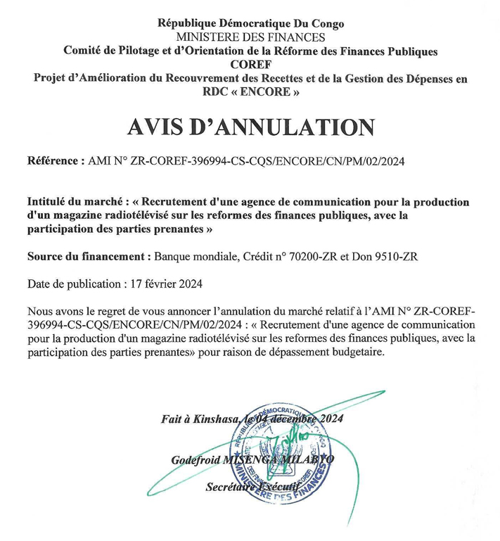 mediacongo.net - Offre d'emploi - AVIS D'ANNULATION : Agence de communication pour la production ...