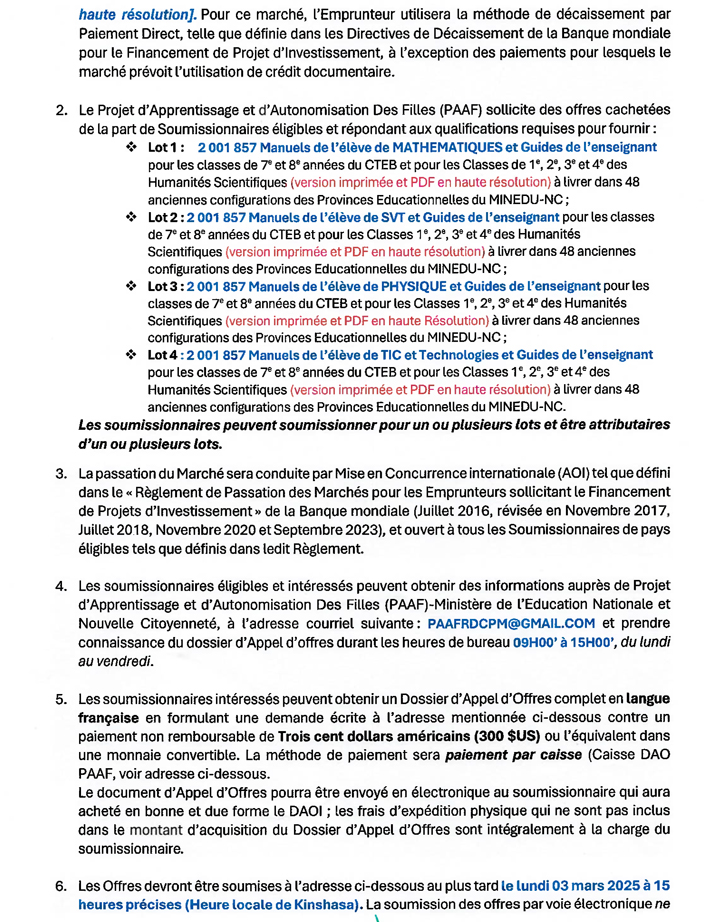 mediacongo.net - Offre d'emploi - Fourniture de nouveaux manuels de l ...