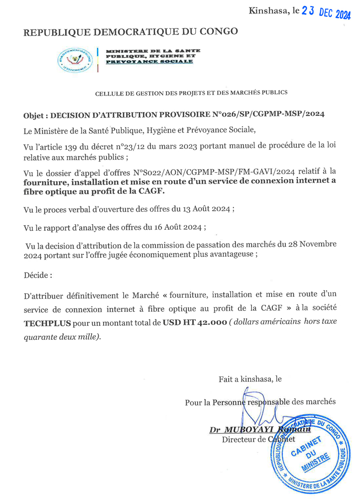 mediacongo.net - Offre d'emploi - Fourniture, installation et mise en ...