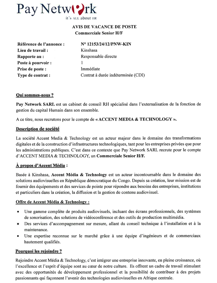 mediacongo.net - Offre d'emploi - Commerciale Senior