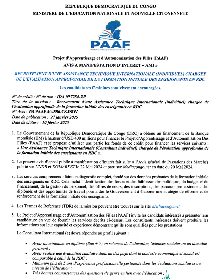 mediacongo.net - Offre d'emploi - Consultant Individuel pour l ...