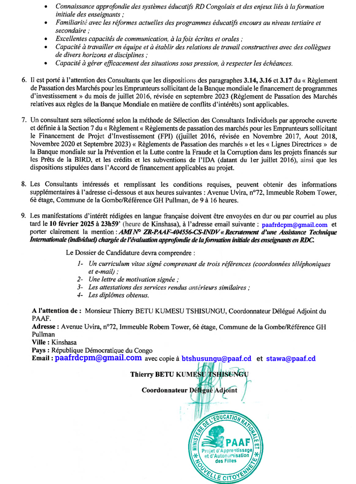 mediacongo.net - Offre d'emploi - Consultant Individuel pour l ...