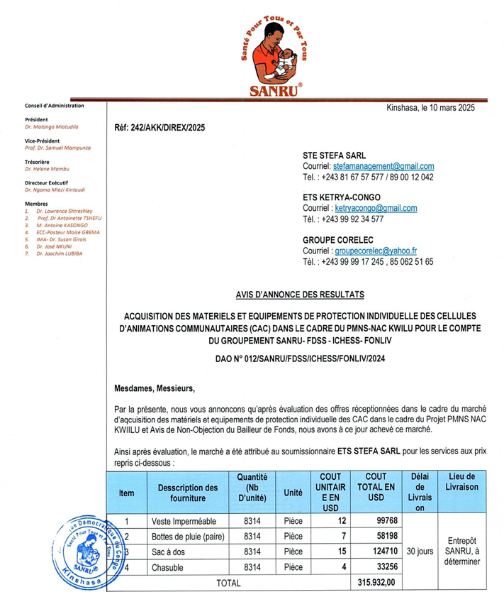 mediacongo.net - Offre d'emploi - Acquisition des matériels et équipements de protection ...