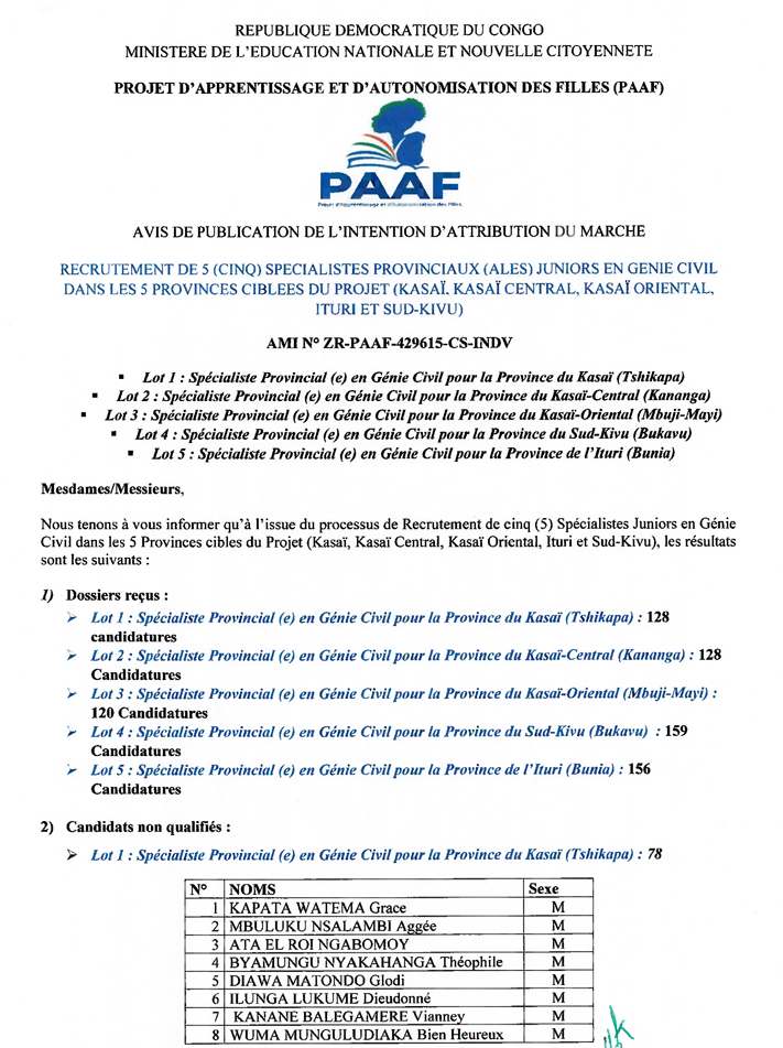 mediacongo.net - Offre d'emploi - Spécialistes provinciaux (ales ...