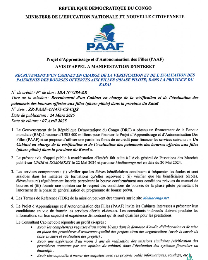 mediacongo.net - Offre d'emploi - Cabinet en charge de la vérification ...