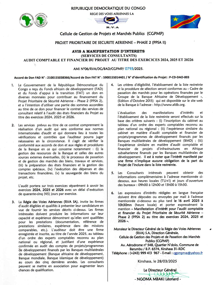 mediacongo.net - Offre d'emploi - Audit Comptable et Financier du Projet au titre des exercices ...