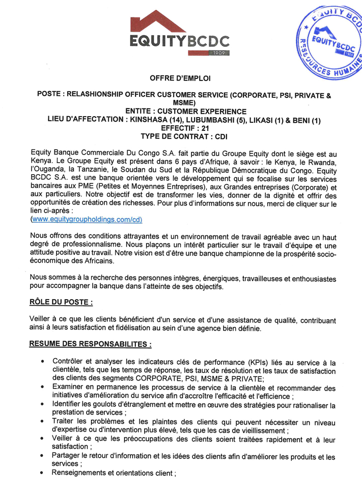 mediacongo.net - Offre d'emploi - Relashionship Officer Customer Service