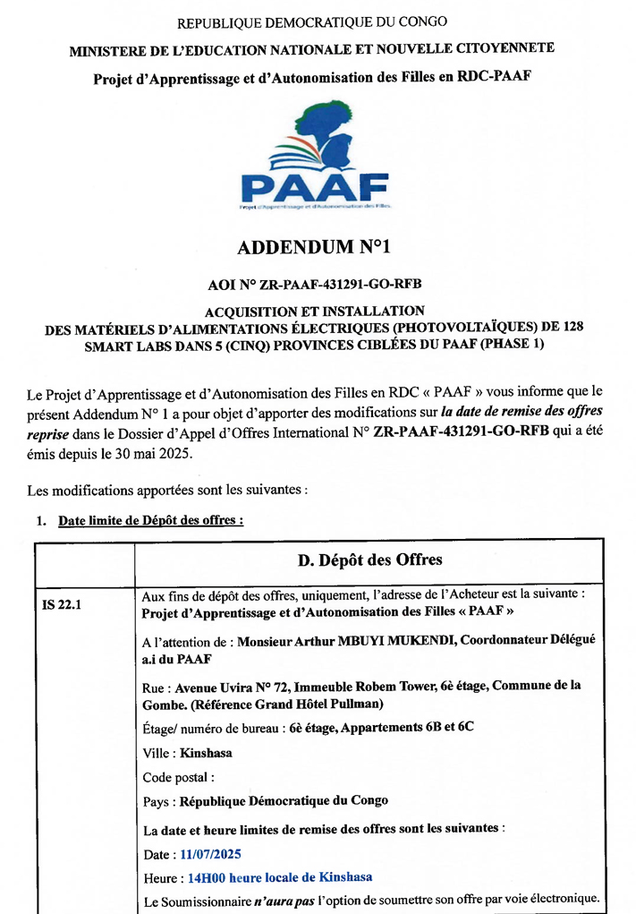 mediacongo.net - Offre d'emploi - ADDENDUM N°1 : Acquisition et ...