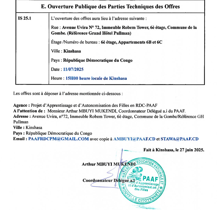 mediacongo.net - Offre d'emploi - ADDENDUM N°1 : Acquisition et ...