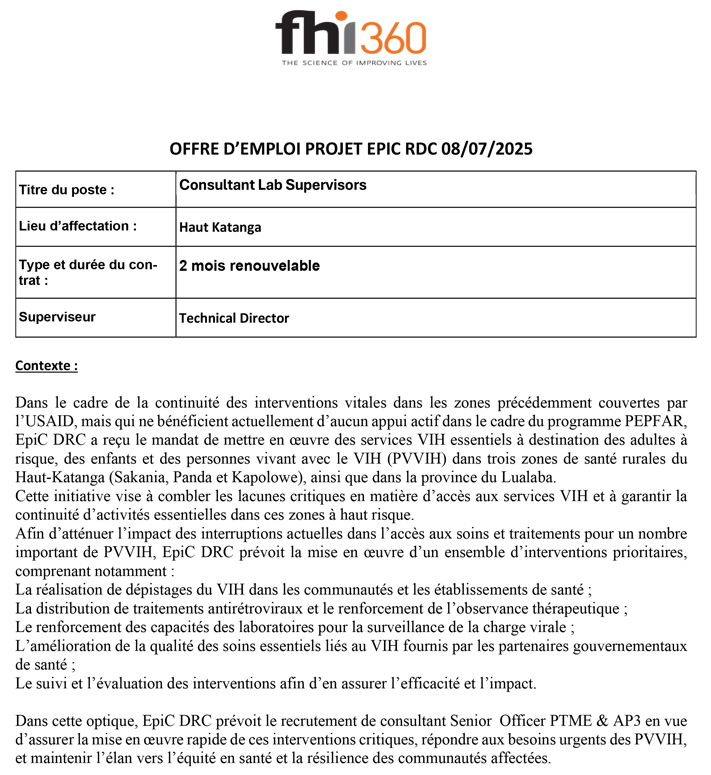 mediacongo.net - Offre d'emploi - Consultant Lab Supervisors