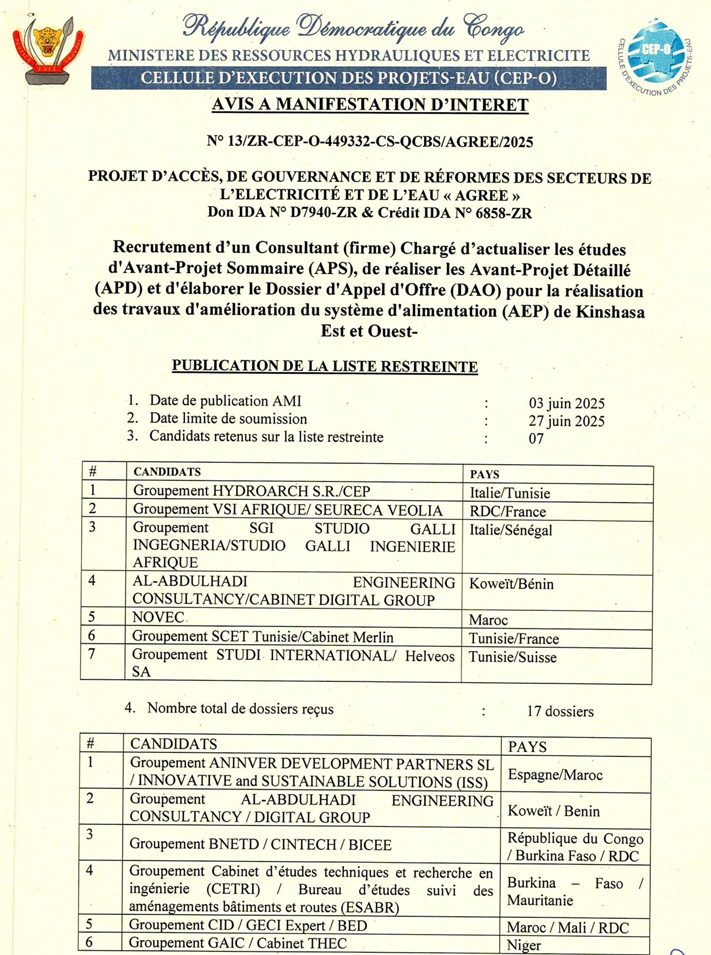 mediacongo.net - Offre d'emploi - LISTE RESTREINTE : Consultant (firme) chargé d’actualiser les ...