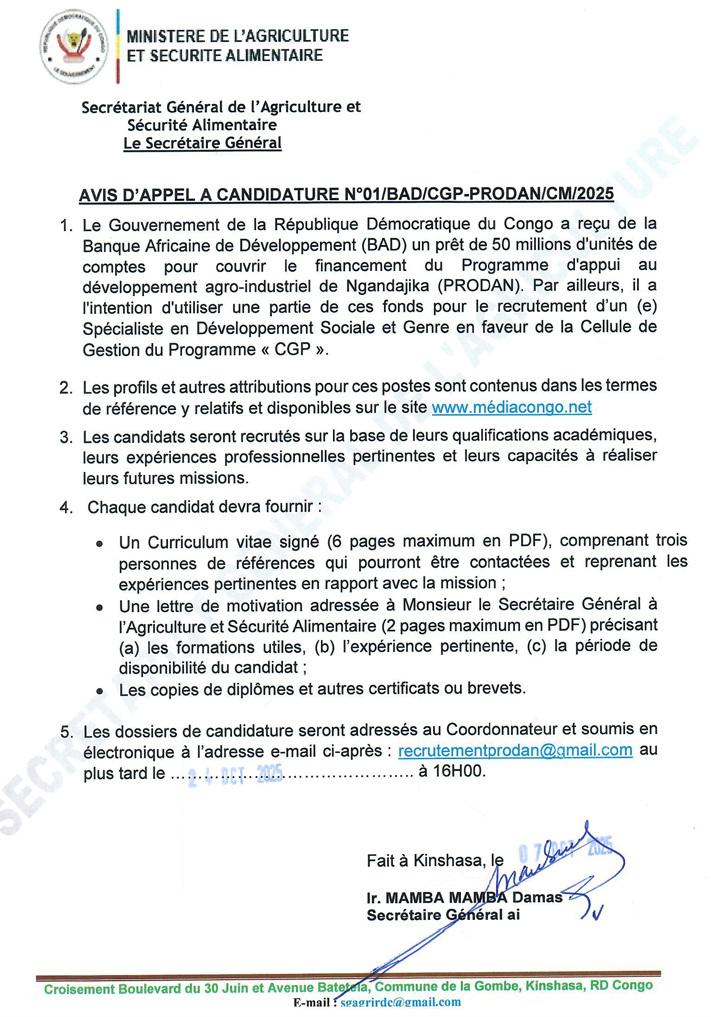 mediacongo.net - Offre d'emploi - Expert (e) en Genre et Développement Social