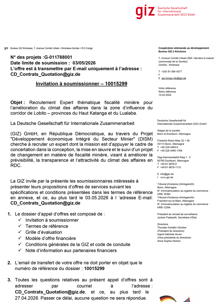 mediacongo.net - Offre d'emploi - Expert Thématique fiscalité minière