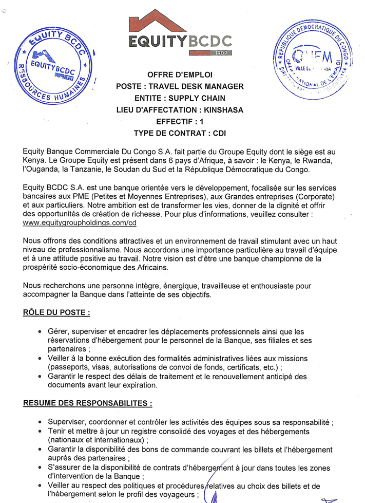 mediacongo.net - Offre d'emploi - Travel Desk Manager